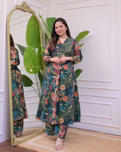 Bottle Green 2 PC Kantha Botanical A Line Cotton Kurta Set For Women – Label Madhuri Thakkar