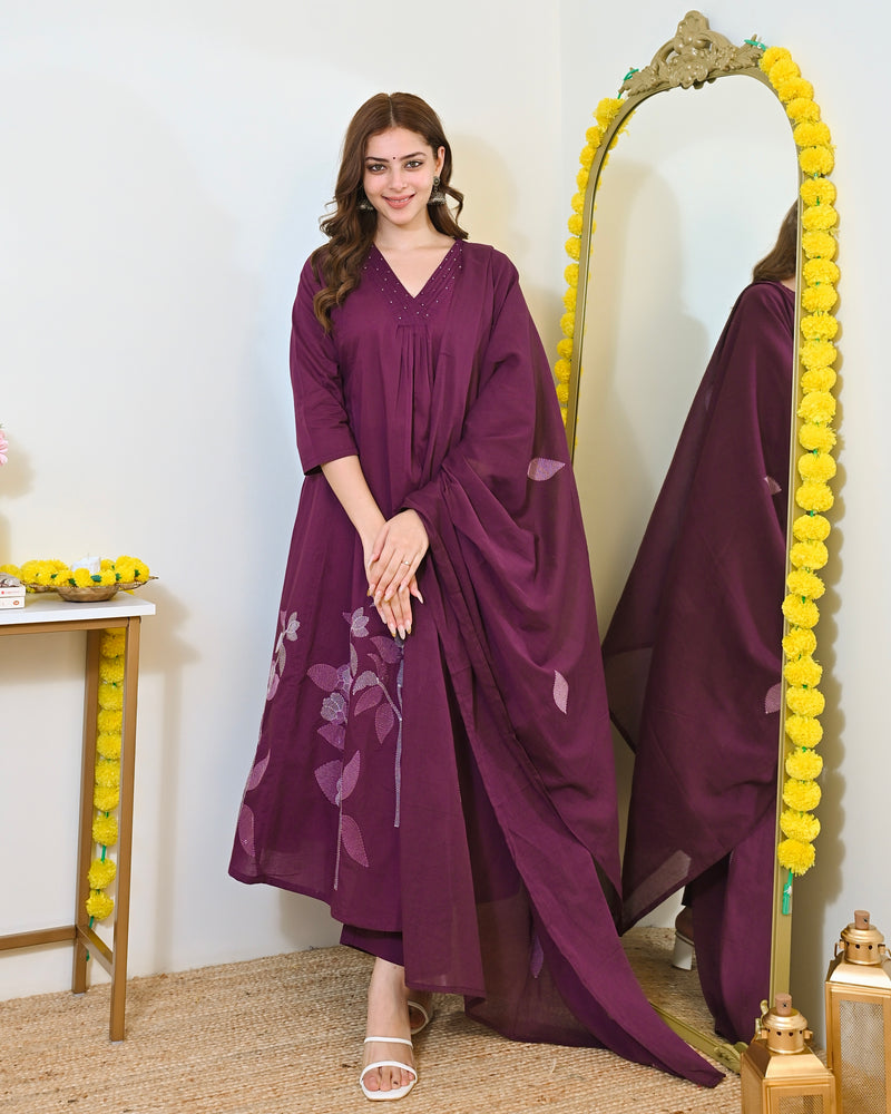 Magenta 3 PC Mul Cotton Pintex A Line Floral Thread Work Suit For Women ...