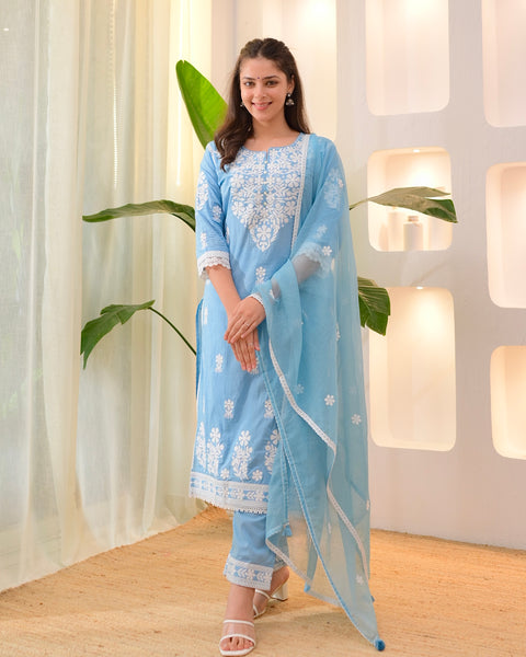 Blue 3 PC Pure Cotton Chikankari Designer Lucknowi Suit Set For Women ...