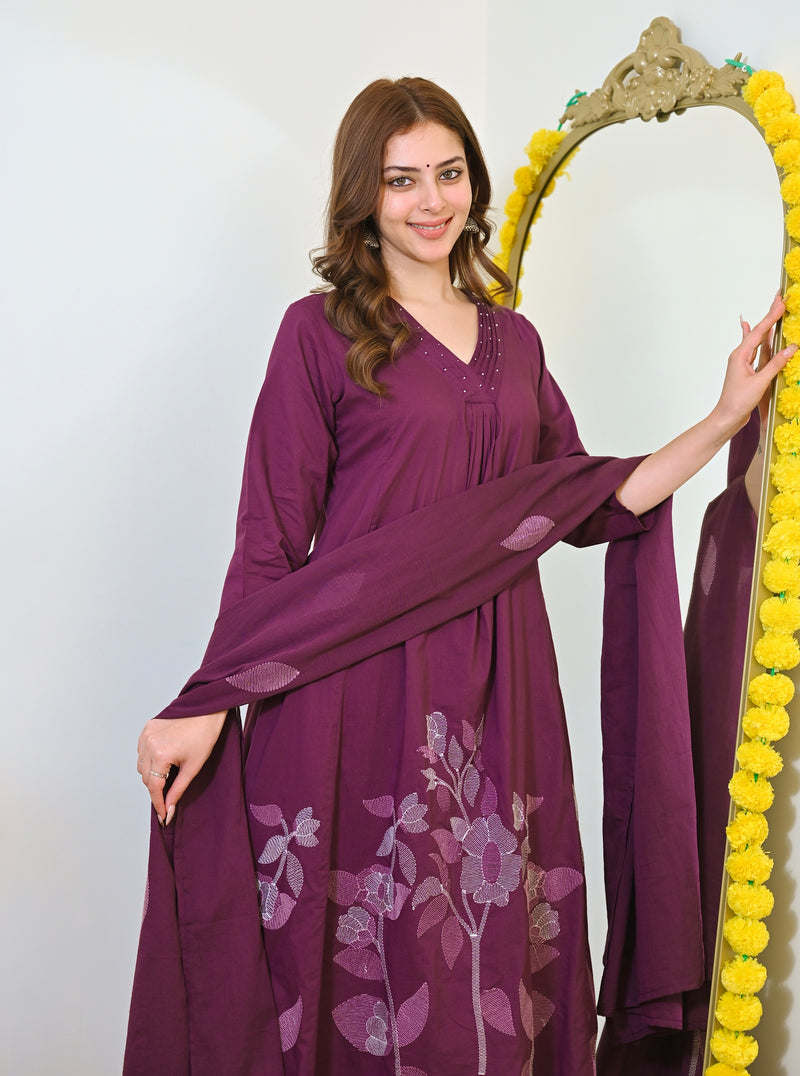 Magenta 3 PC Mul Cotton Pintex A Line Floral Thread Work Suit For Women ...