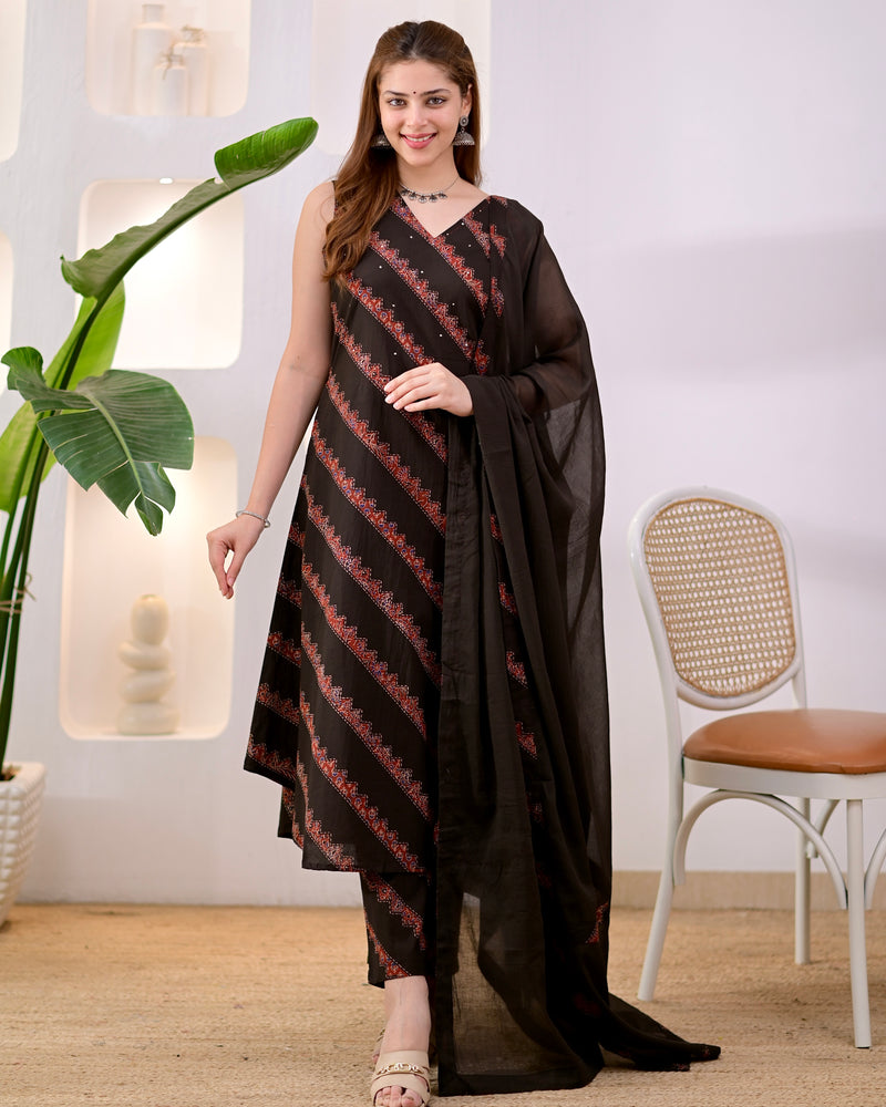 Black Maroon 3 Piece Ajrakh Summer Schiffli A Line Cotton Suit For ...