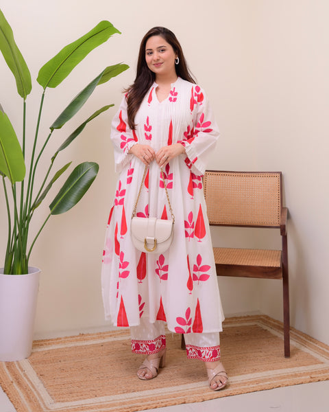 White Red Handblock Printed 2 PC Mul Cotton Kurta Pant Set For Women ...