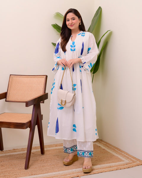 White Blue Handblock Printed 2 PC Mul Cotton Kurta Pant Set For Women ...