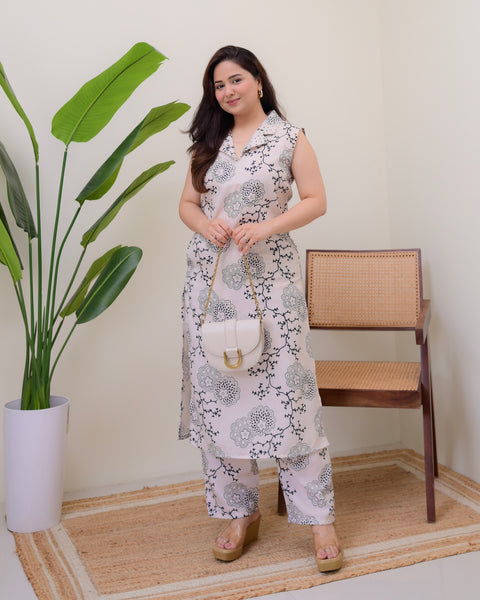 Ivory Black Floral Printed 2 Piece Poly Linen Kurta Pant Set For Women ...