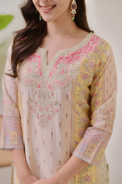 Ivory Yellow 3 Piece Pure Linen Cotton Handwork Festive Suit For Women ...
