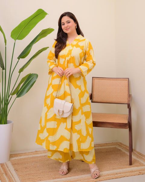Lemon Zest 2 PC Cotton Floral Print A Line Kurta Palazzo Set For Women ...