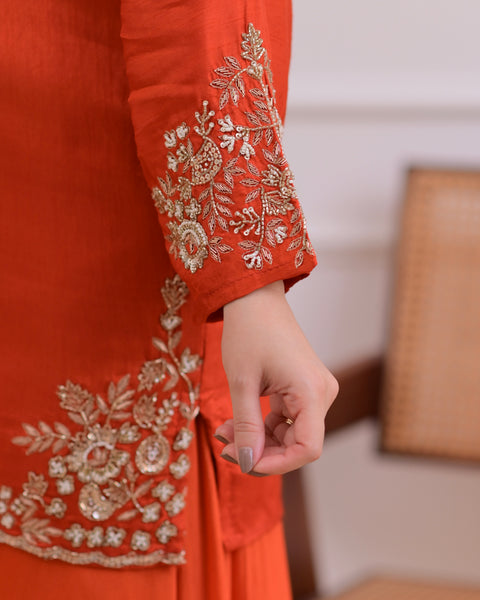 Rust Orange 3 PC Chinnon Silk Designer Handwork Sharara Set For Women ...