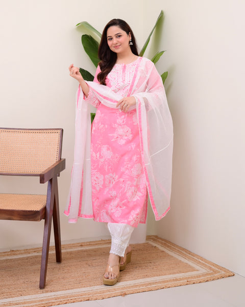 Pink 3 Piece Pure Cotton Lucknowi Work Gulnar Pant Suit Set For Women ...