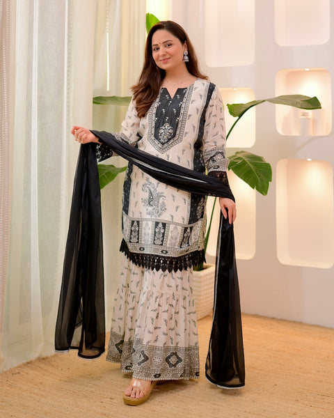 Monochrome Designer 3 PC Handwork Festive Crepe Sharara Set For Women ...