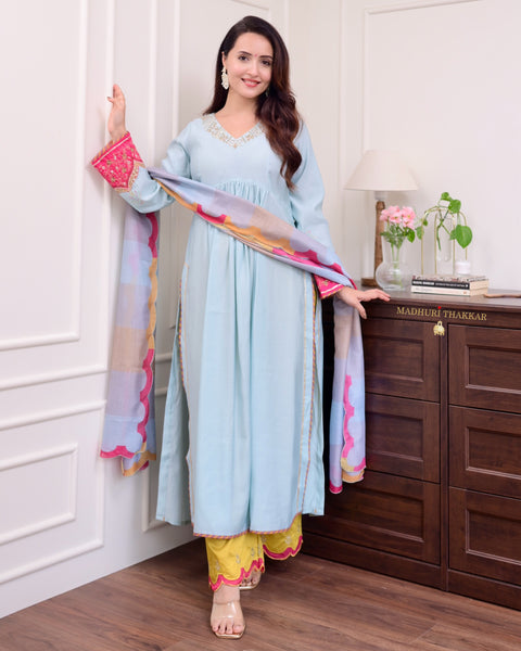 Powder Blue Handwork Silk Suit – Label Madhuri Thakkar
