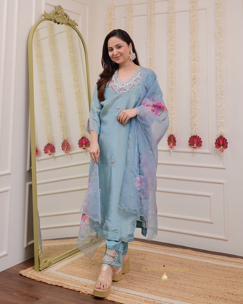 Powder Blue 3 Piece Pure Glass Tissue Handwork Suit Set For Women ...